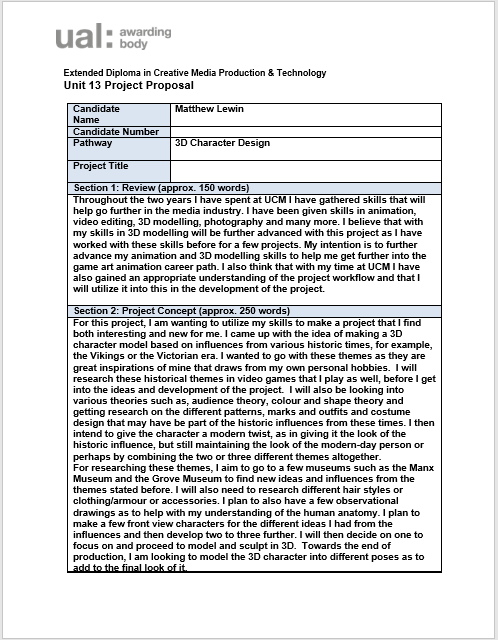 FMP Proposal – 3D Character model – M Lewin FMP2